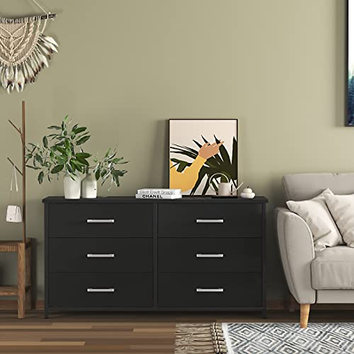 IKENO 6 Drawer Double Dresser, Industrial Wood Dresser for Bedroom, Sturdy Steel Frame…