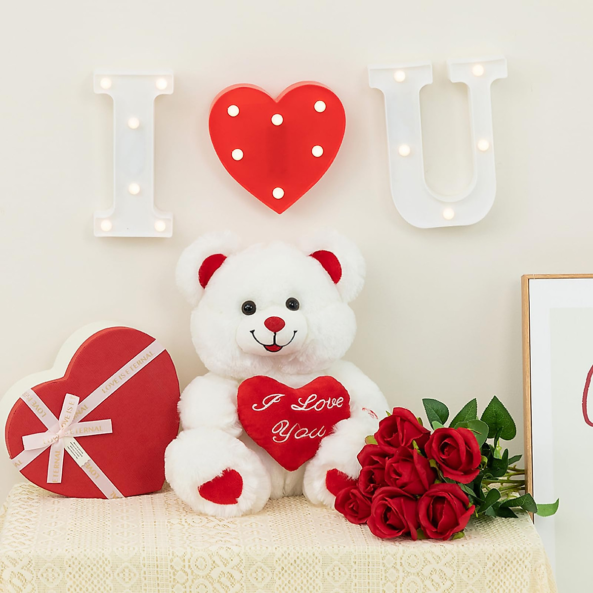 HollyHOME Teddy Bear with Heart Plush Bear That Says I Love You and Blushes LED Stuffed Toys for Girlfriend and Kids Valentine's Day 13 inch White