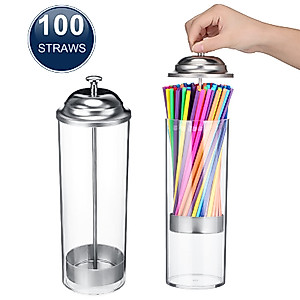 Plastic Straw Dispenser and 100 Pcs Drinking Straw Organizer Container with Stainless Steel Lid Transparent Drinking Straw Holder Striped Plastic Straw Plastic Drinking Straw (Bright Colors)