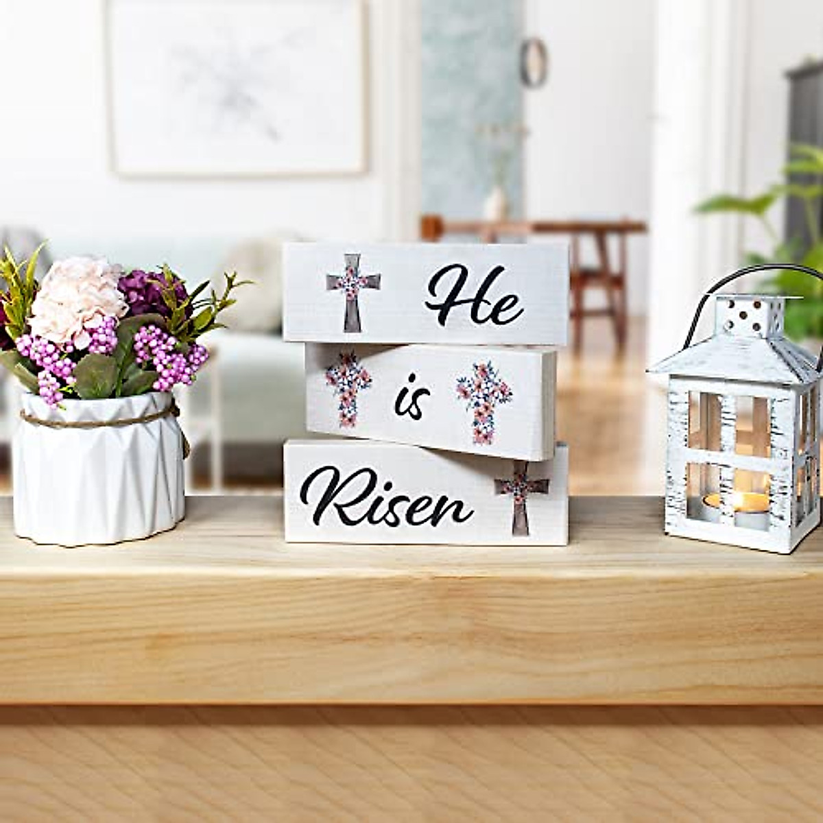 JennyGems He Is Risen Wooden Sign Set and Easter Decor, Tiered Tray and Tabletop Easter Decorations, Christian Easter, Made in USA