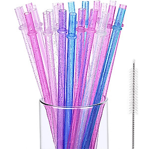 25 Pieces Reusable Glitter Clear Plastic Straws Rainbow Colored Drinking Straws 9 Inches Long Hard Tumbler Replacement Straws with Cleaning Brush Straws Cleaner