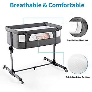 Lamberia Baby Bassinets Bedside Sleeper, Adjustable Bassinet for Baby with Wheels, Easy Folding Portable Crib for Baby, Grey