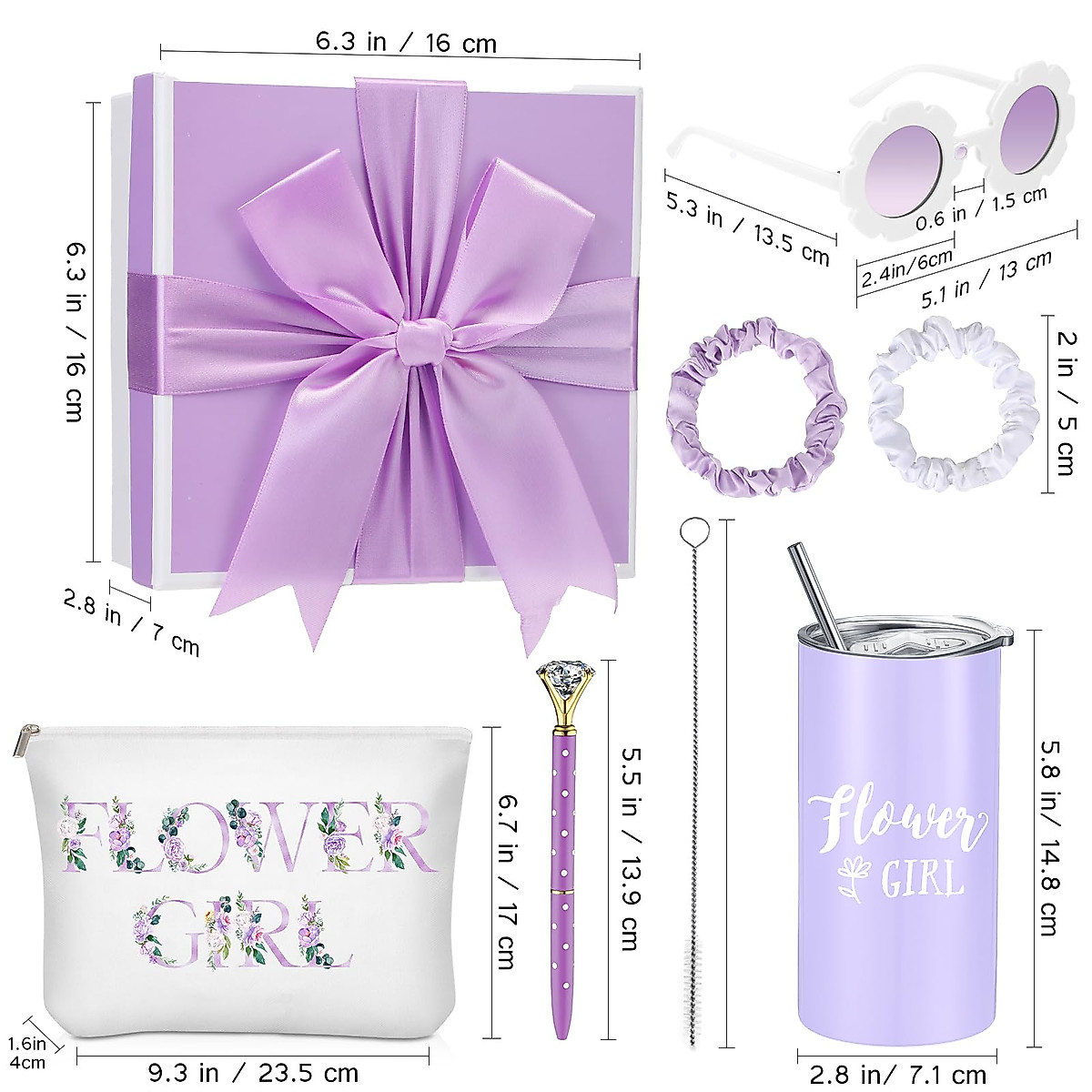 Sieral 9 Pcs Flower Girl Proposal Gifts Set Personalized Flower Girl Tumbler with Straw Bride Gift Box Canvas Bag Sunglasses Hair Ring Diamond Pen Envelope Bride Gift for Wedding(Purple,Retro)