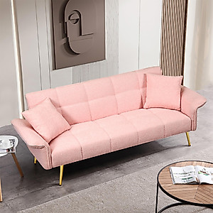 OUYESSIR Teddy Futon Sofa Bed with 2 Pillows, Small Couch, Convertible Futon Sleeper Sofa with Folding Armrests, 70" Modern Loveseat Couch for Bedroom, Living Room (Pink)