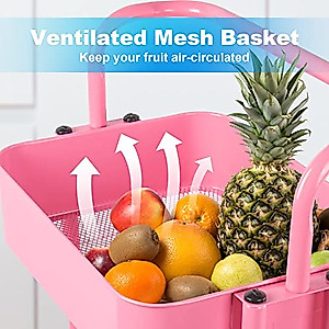 Homchwell Metal 3 Tier Utility Cart, Mesh Rolling Cart Organizer with Handle & Lockable Wheels, Multi-Functional Rolling Storage Cart for Kitchen, Bathroom, Living Room and Office