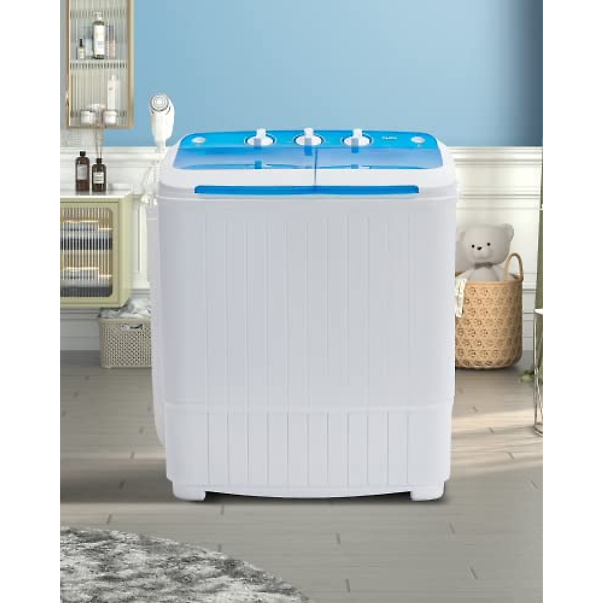 TABU 16.5Ibs Portable Washing Machine, Compact Washer Machine, Mini Washing Machine, Twin Tub Washer and Spiner, Ideal for Dorms, Apartments, RVs, Camping etc (White & Blue)