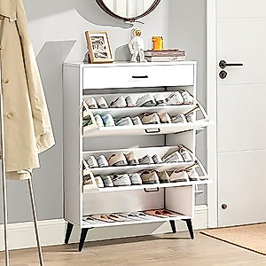 UZUGUL Shoe Cabinet for Entryway,Slim Shoe Storage Cabinet with 2 Flip Drawers and a Top Storage Drawer, Freestanding Shoe Rack Cabinet Storage Organizer with Adjustable Shelf for Entryway
