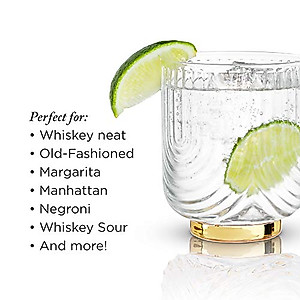 Viski Gatsby Lowball Glasses, Vintage Drinking Tumblers for Whiskey, Scotch & Bourbon, Art Deco Ripple Glassware Arch Design, Gold Plated Base Crystal Drinking Set, Set of 2 , 12oz