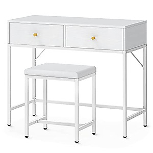 SUPERJARE 35.4" White Desk with 2 Drawers, Modern Makeup Vanity Desk with Padded Stool, Small Computer Desk Home Office Desk for Writing Study Bedroom