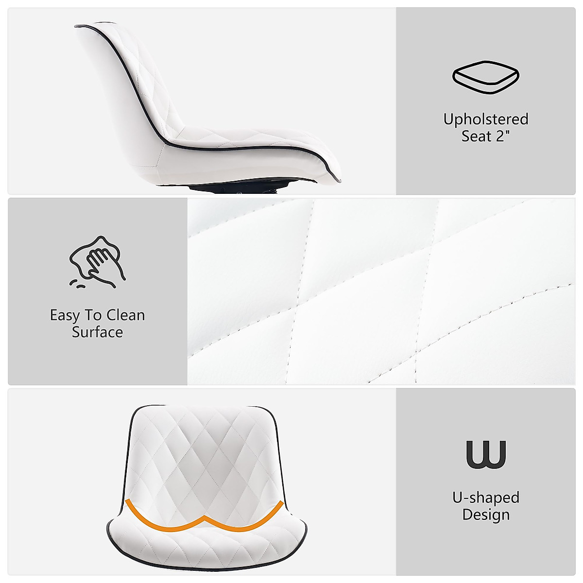 YOUNUOKE Comfortable Desk Chair, Home Office Chairs with Wheels, Armless Samll Comfy Vanity Chairs, PU Leather Computer Task Work Desk Chairs, White