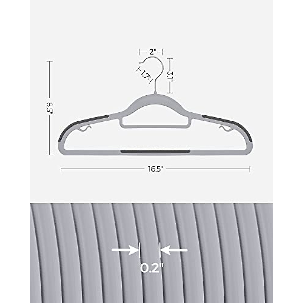 SONGMICS Pack of 50 Coat Hangers, Heavy-Duty Plastic Hangers with Non-Slip Design, Space-Saving Clothes Hangers, 16.5 Inches Wide, 360° Swivel Hook, Gray and Silver UCRP20G50