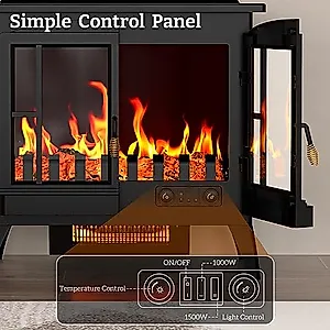 Electric Fireplace Stove, Indoor Freestanding Fireplace Heater with 3D Realistic Flame, Infrared Electric Stove Heater,Overheating Safety System,Thermostat, Portable 1000W/1500W(23 Inch)