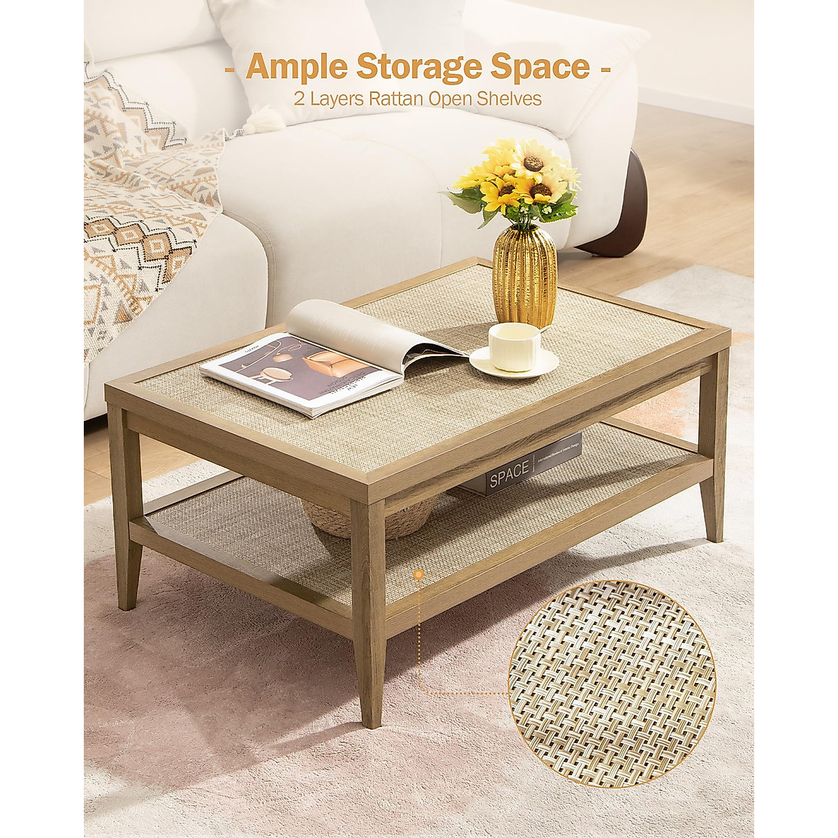 SICOTAS Rattan Coffee Table for Living Room - Boho Rectangle Center Coffee Tables with 2-Tier Rattan Storage Shelves - Accent Sofa Side Table for Small Space