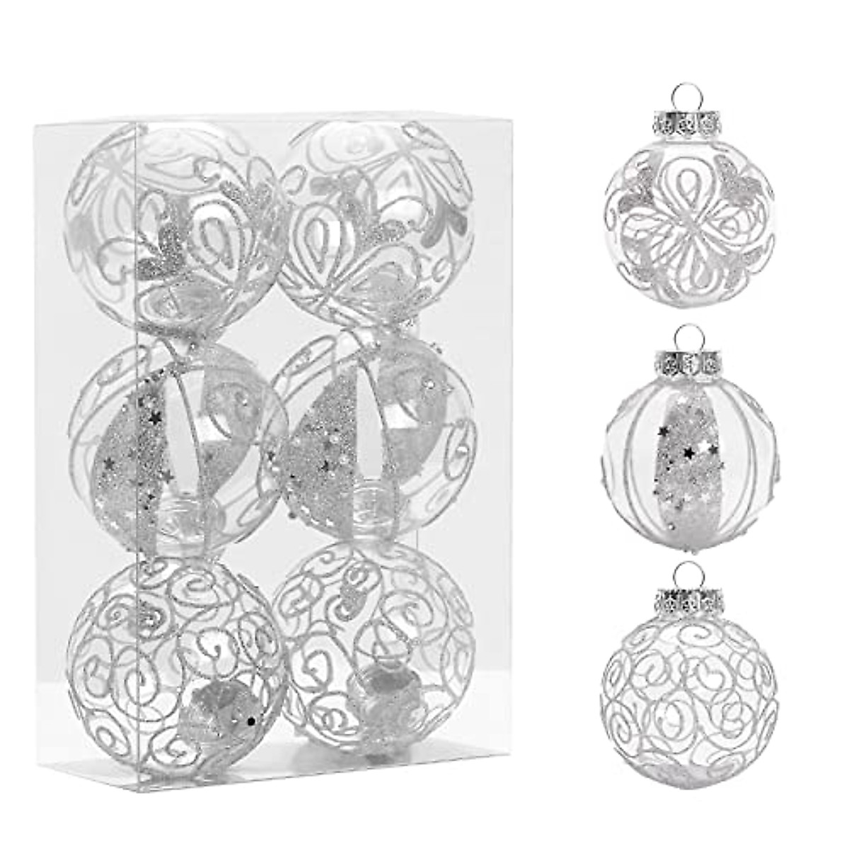 MoonXmas Christmas Ornaments Set, 2.75"/70MM Silver Clear Plastic Shatterproof Christmas Tree Hanging Decorations, for Indoor Home Halloween Thanksgiving Xmas Decor - 6Pcs.
