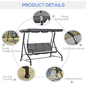 Outsunny 3-Seater Porch Swing Chair, Outdoor Swing Glider with Adjustable Canopy, Padded Breathable Seat, for Garden, Poolside, Backyard, Deck