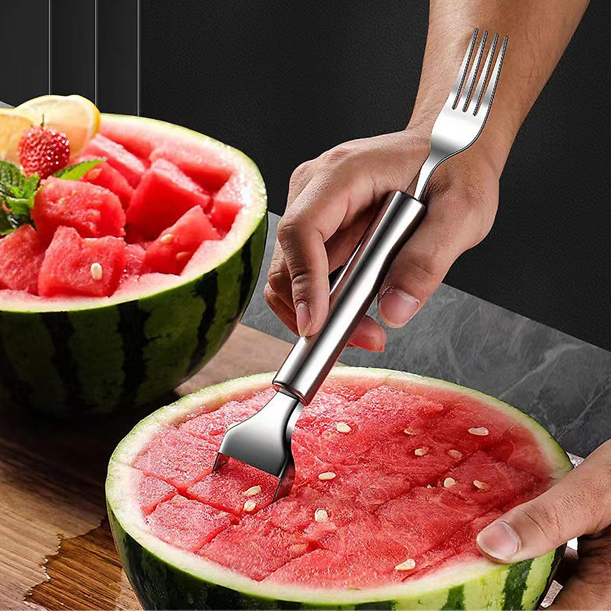 XINGJIEYUN New Watermelon Fork Slicer Tool, Summer Double Head Fruit Fork Slicer, 2-in-1 Stainless Steel Fruit Slicer, Suitable for Family gatherings, Camping Parties (3 pieces)