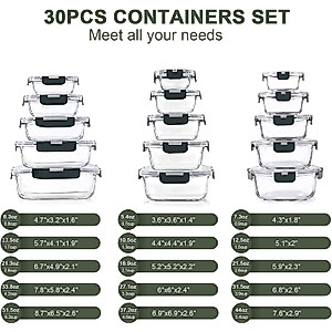 KOMUEE 30 Pieces Glass Food Storage Containers Set and 10 Packs 30 oz Glass Meal Prep Containers 2 Comparment, Airtight and BPA-Free
