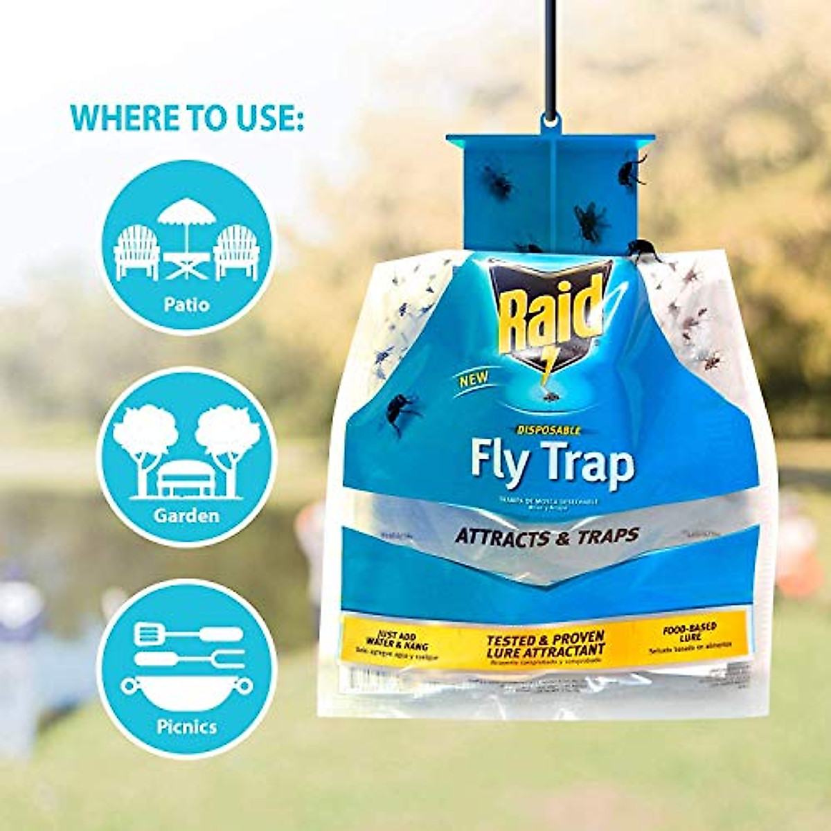 Raid Fly Trap (6-Pack), Outdoor Fly Trap, Disposable Fly Trap Bag, House Fly Trap with Food-Based Attractant