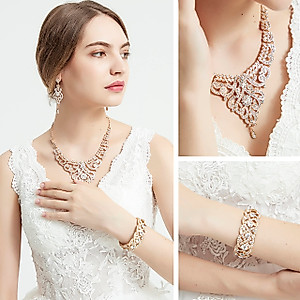 Oriamour Gold Prom Jewelry Wedding Jewelry Set Bridal Necklace Rhinestone Earrings Bracelets (Gold)