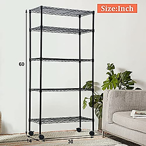 PIKAQTOP 5-Tier Heavy Duty Metal Shelves for Storage Kitchen Garage (750LBS Capacity), Industrial Commercial-Grade Shelves w/Wheels & Leveler Feet, Height Adjustable Wire Rack Shelving for Pantry