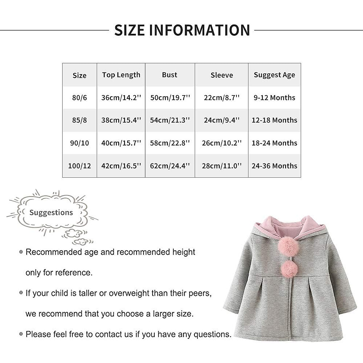 CoKate Infant Baby Girl Fall Winter Hooded Coat Sweet Rabbit Jackets Outerwear (Grey, 12-18 Months)