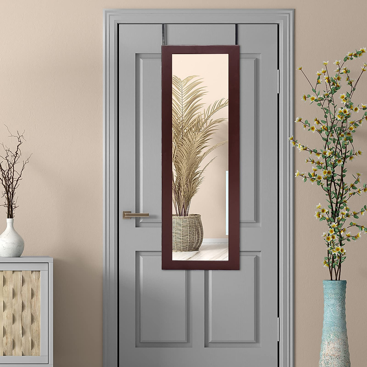 COSTWAY Full Length Mirror Jewelry Cabinet, Wall Door Mounted Jewelry Organizer with Makeup Mirror, Ring Slots and Necklace Hooks, Large Storage Jewelry Armoire for Bedroom, Dressing Room (Brown)