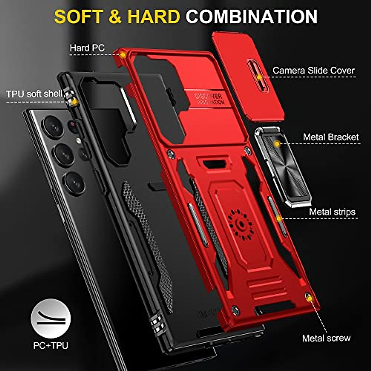 PASNEW Compatible with Samsung Galaxy S23 Ultra 5G Case - 6.8 inch, Shockproof, Anti-Fall, Slide Camera Lens Cover, 360° Rotating Ring Kickstand,Case for S23Ultra Red