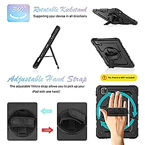 iPad Pro 11 Case, iPad Air 5th/4th Gen Case 2022/2020 with [Tempered Glass Screen Protector], [Kid Proof] BASE MALL Tablet Protective Case, Pencil Holder,Rotating Kickstand,Hand/Shoulder Strap (Black)