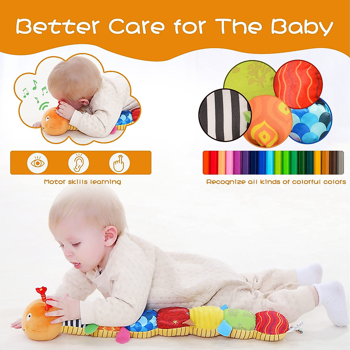 ZUCOOP Baby Musical Worm Soft Infant Toy, 6 Different Sensory, Crinkle and Rattle Stuffed Animals for Newborn Toy Tummy Time 0-3-6-12 Months Old Girl Boy Gifts, Cuddly Caterpillar