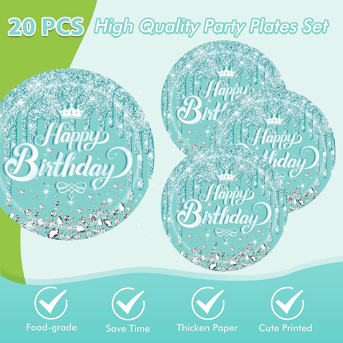 Juhap 41 Pcs Teal and Silver Tableware Set for Happy Birthday Table Decorations Blue Birthday Theme Dessert Plates Napkins Tablecloth for 20 Guests Girls Women Silver Glitter Birthday Party Supplies