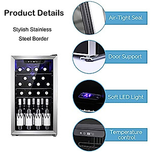 Antarctic Star 26 Bottle Wine Cooler/Cabinet Beverage Refigerator Mini Fridge Small Wine Cellar Soda Beer Counter Top Bar Quiet Operation Compressor Freestanding Clear Glass Door for Office/Dorm