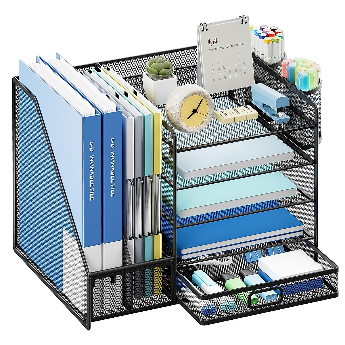 Lavatino Desk Organizer with File Holder, 5-Tier Paper Letter Tray Organizer with Sliding Drawer and 2 Pen Holder, Mesh Desktop File Organizer for Office Supplies (Black)
