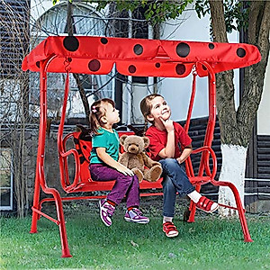 HONEY JOY Kids Patio Swing, 2-Seater Outdoor Porch Swing Lounge Chair W/Canopy & Safety Belt, All Weather Resistant Waterproof Hanging Swing Bench for Patio Garden Poolside Balcony(Red Beetle)