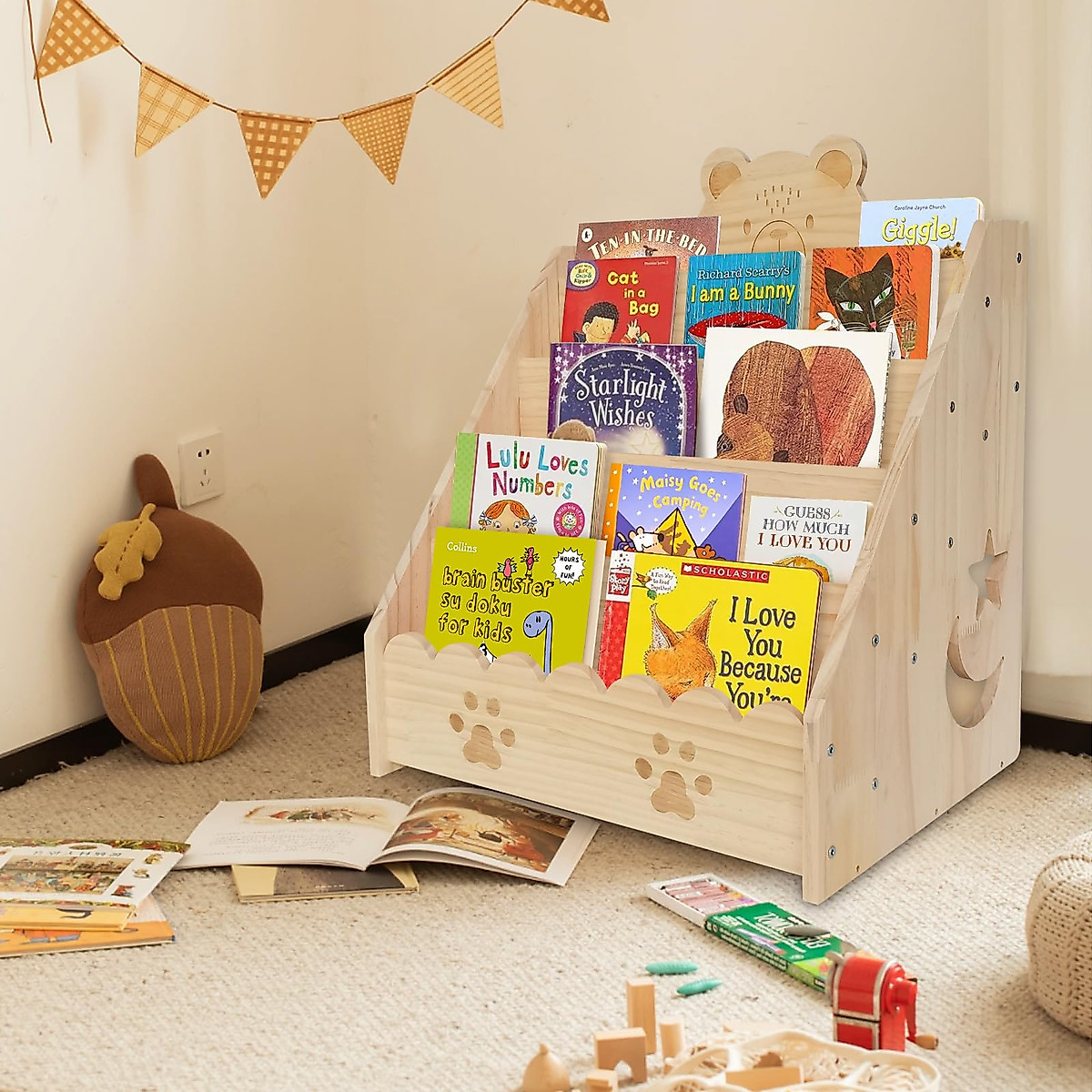 Stranthother Kids 5 Tier Bookshelf and Toy Organizer Bear Montessori Bookshelf for Kids Magazine Rack Book Display Organizer Classroom Bookshelves for Kids Bedroom,PlayroomNursery Kids Furniture