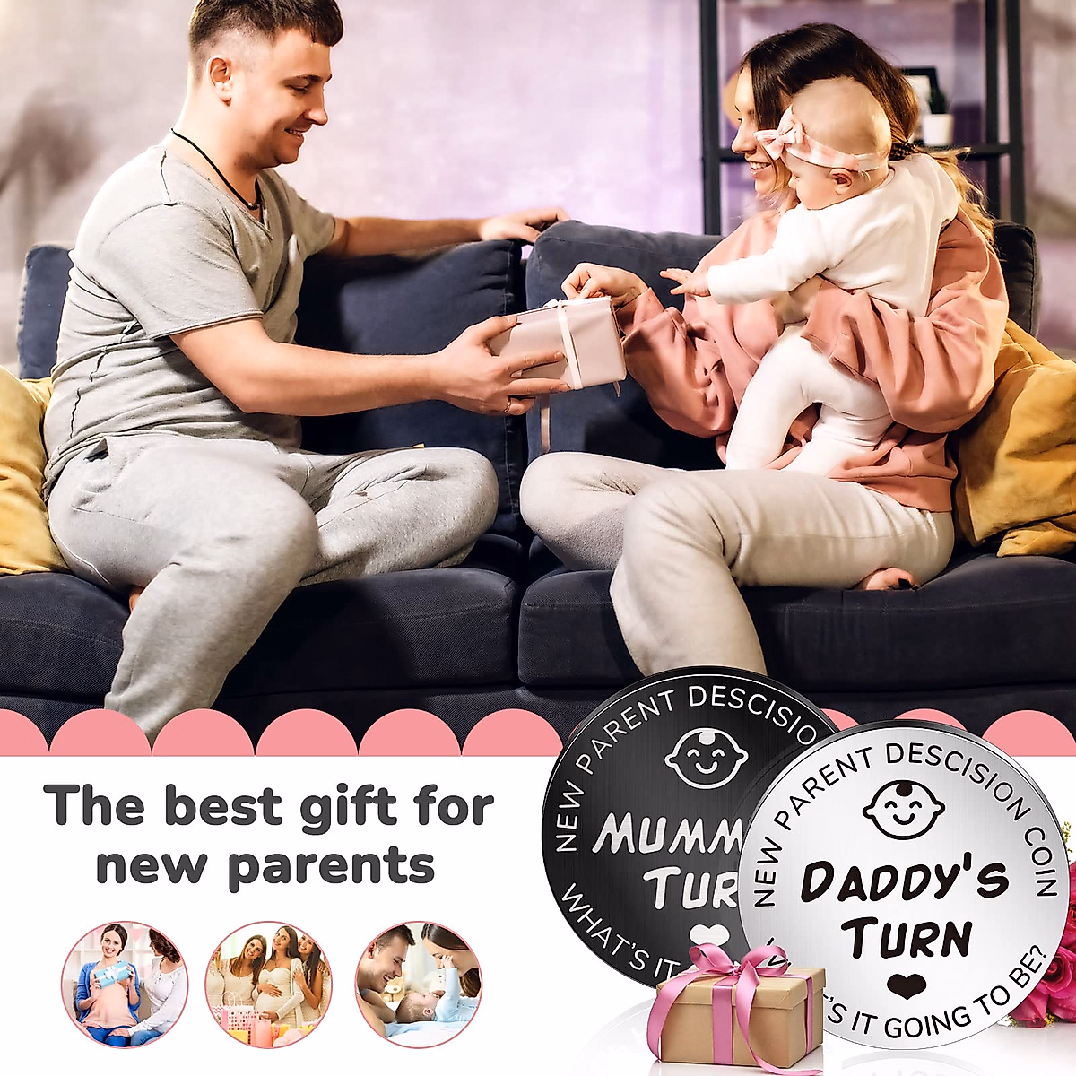 2 Pieces Fun New Parents Decision Coin Double-Sided Decision Making Coin New Baby Presents Pregnancy Presents for First Time Mom New Dad Presents for Christmas Thanksgiving Silver and Black