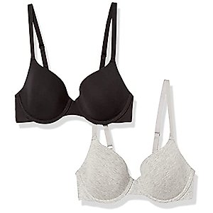 Amazon Essentials T-Shirt Bras for Women, Comfortable Underwire, Pack of 2, Black/Grey Heather, 32B