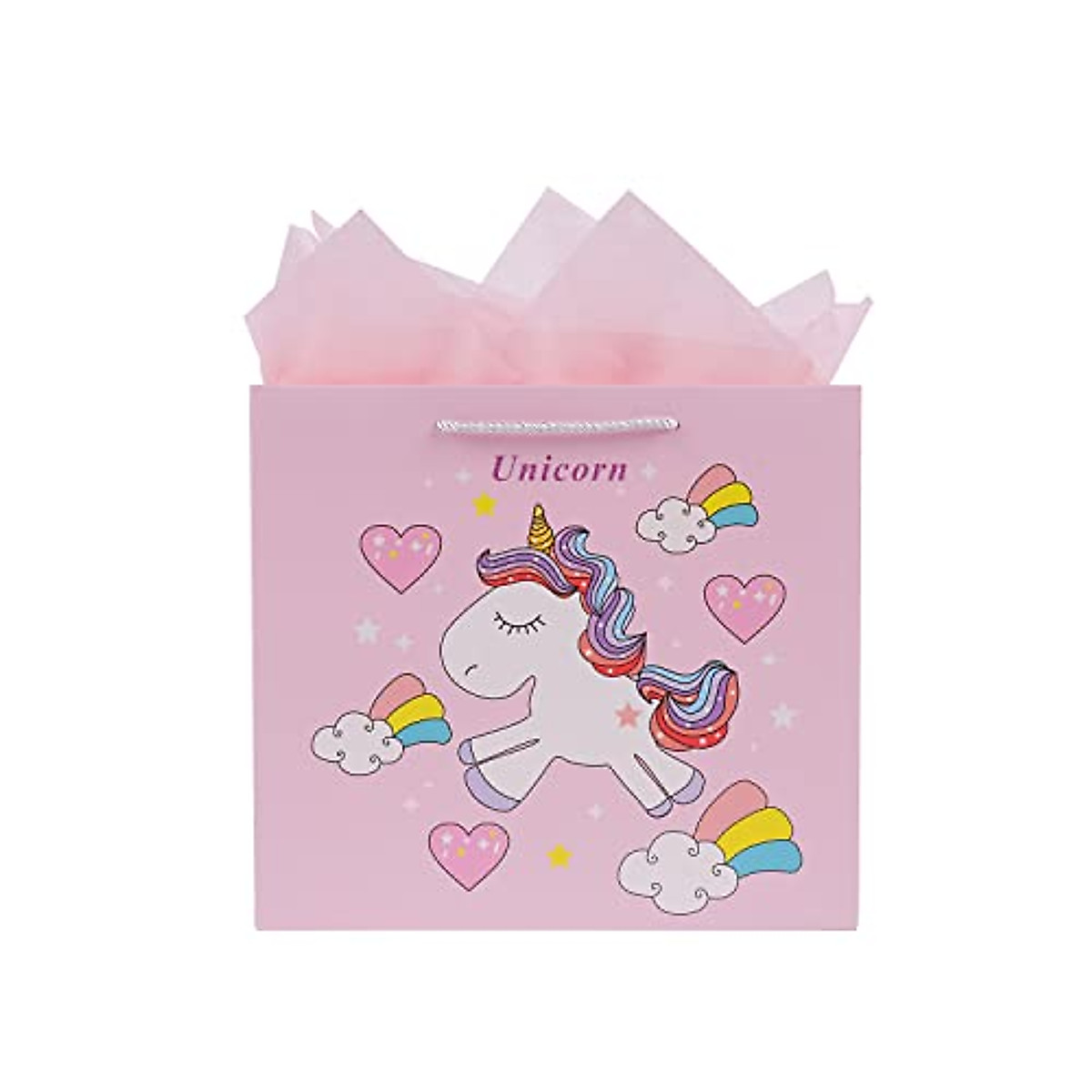 Lyforpyton Large Gift Bags with Tissue Paper 12"x4.7"x10.6" Pink Unicorn Gift Bags for Kids Birthday Party, Baby Shower