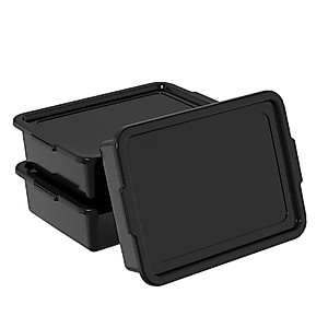 DynkoNA 3 Pack 13 L Plastic Commercial Bus Box, Restaurant Bus Tub with Lid, Black