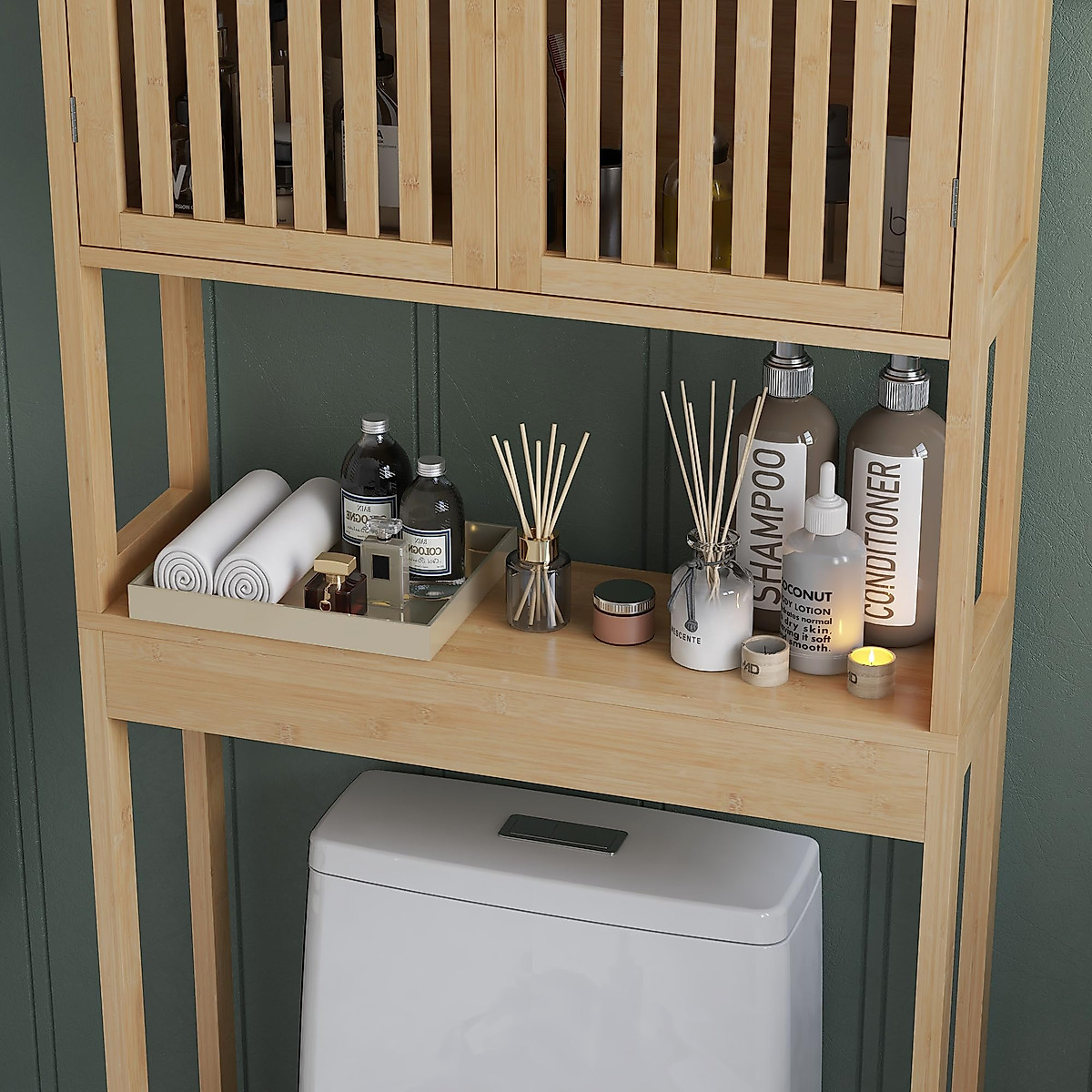 HOMCOM Bamboo Over The Toilet Storage Cabinet, Over Toilet Bathroom Organizer with Slatted Doors, Adjustable Shelf and Open Shelf, Natural
