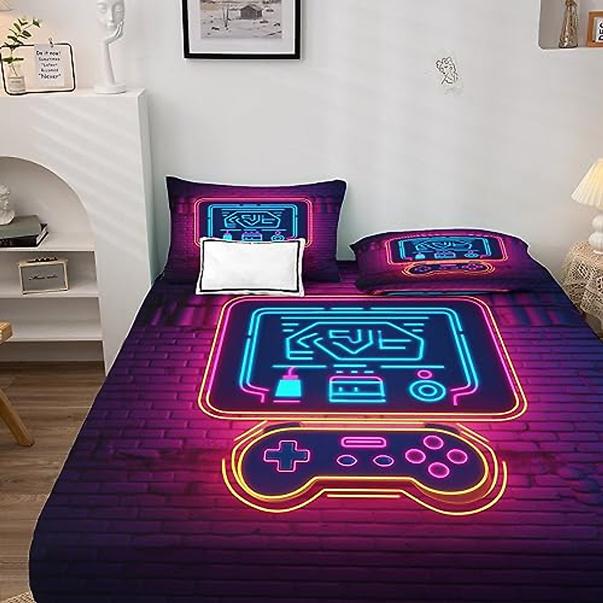 Gaming Sheets Split King Size, Game Gamepad Bed Sheets, Patterned Bedding Sheets & Pillowcases 5 Piece Set - Soft Microfiber Deep Pocket 2 Fitted Sheet & Flat Sheet & 2 Pillow Cases K0-&-353
