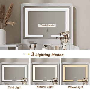 HIMAmonkey Small Makeup Vanity with Mirror and Lights, 3-in-1 Vanity Desk with 3 Drawers, Corner Vanity Set with Soft Stool, Compact Dressing Table for Living Room/Bedroom-19.7in/White