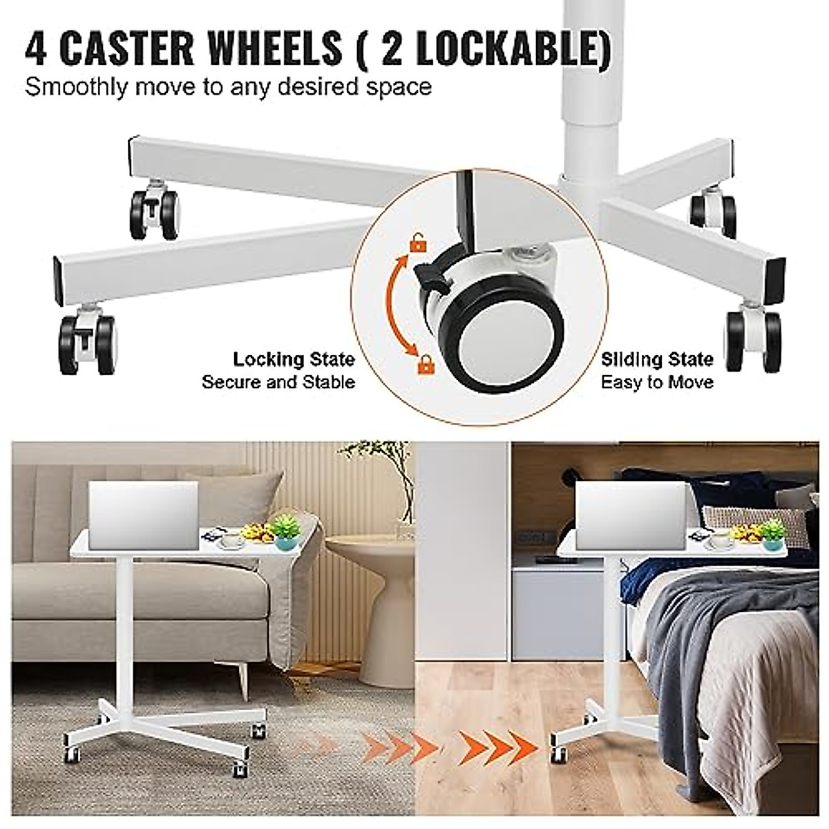 VEVOR 28.5"-44.2" Gas-Spring Height Adjustable Sit-Stand Desk 360° Swivel Wheels (2 Lockable) Portable Rolling Laptop Table Computer Cart for Home Office School, 44LBS Loading, 29.1 x 18.9 inch, White