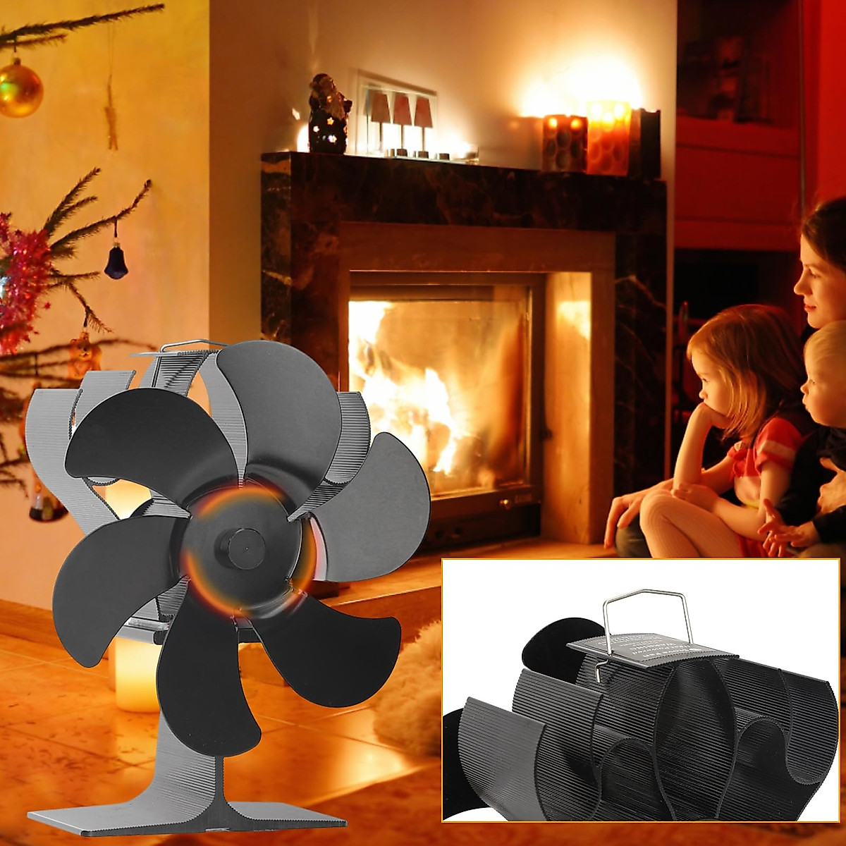 TOLUON Wood Stove Fan for Heater 6 Blades Heat Powered Fireplace Fan Thermoelectric Thermal Fan Fans for Home Wood/Log Burner/Fireplace Black