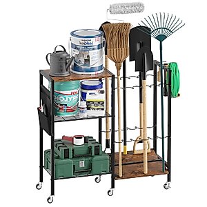 SHINOSKE Garden Tool Organizer with 3-Tier Shelves,Garden Tool Storage Rack with Wheels,Yard Tool Rack for Garage Organization and Storage,Hold Long-Handled Tool,Broom,Rake,3Hooks,Shed,Outdoor