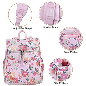 Multi-Function Floral Diaper Backpack and Travel Nappy Baby Bag with Changing Pad and Stroller Straps (Pink Floral)