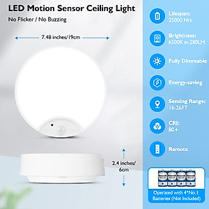 2-Pack Motion Sensor LED Ceiling Lights Battery Operated, 7.48inch 6500K Dimmable Flush Mount Light Fixtures with Remotes, Wireless Ceiling Lamps for Closet Pantry Laundry Garage(Battery Not Included)