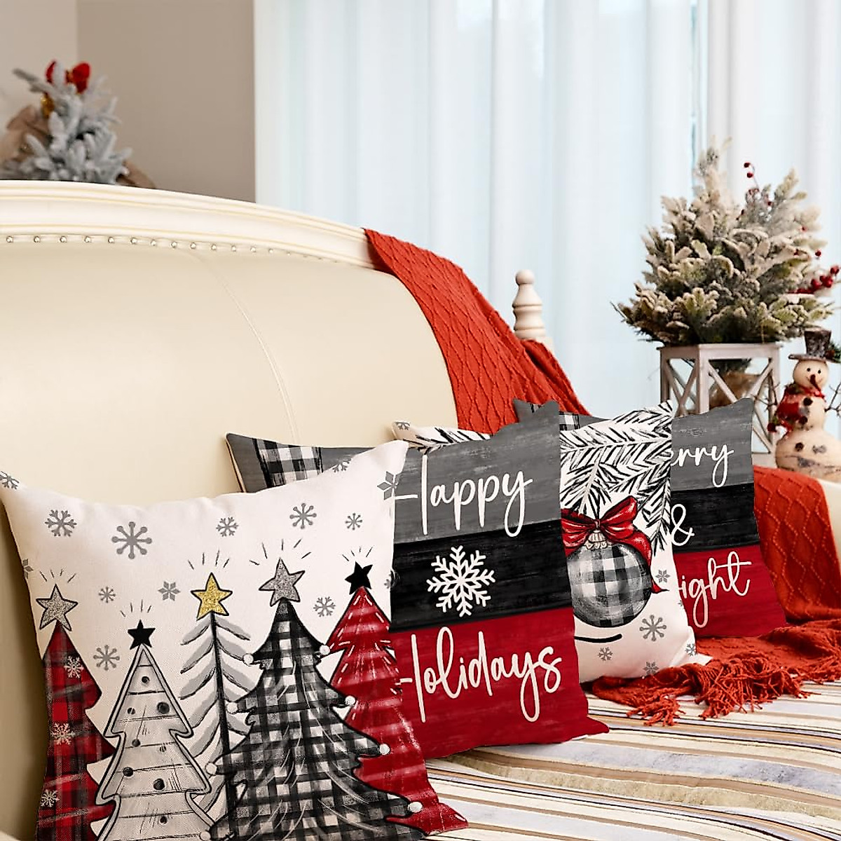 GEEORY Christmas Throw Pillow Covers 18 x 18 Inch Set of 4, Xmas Trees Merry and Bright Happy Holidays Farmhouse Decorative Cushion Cases for Home Decoration G418-18