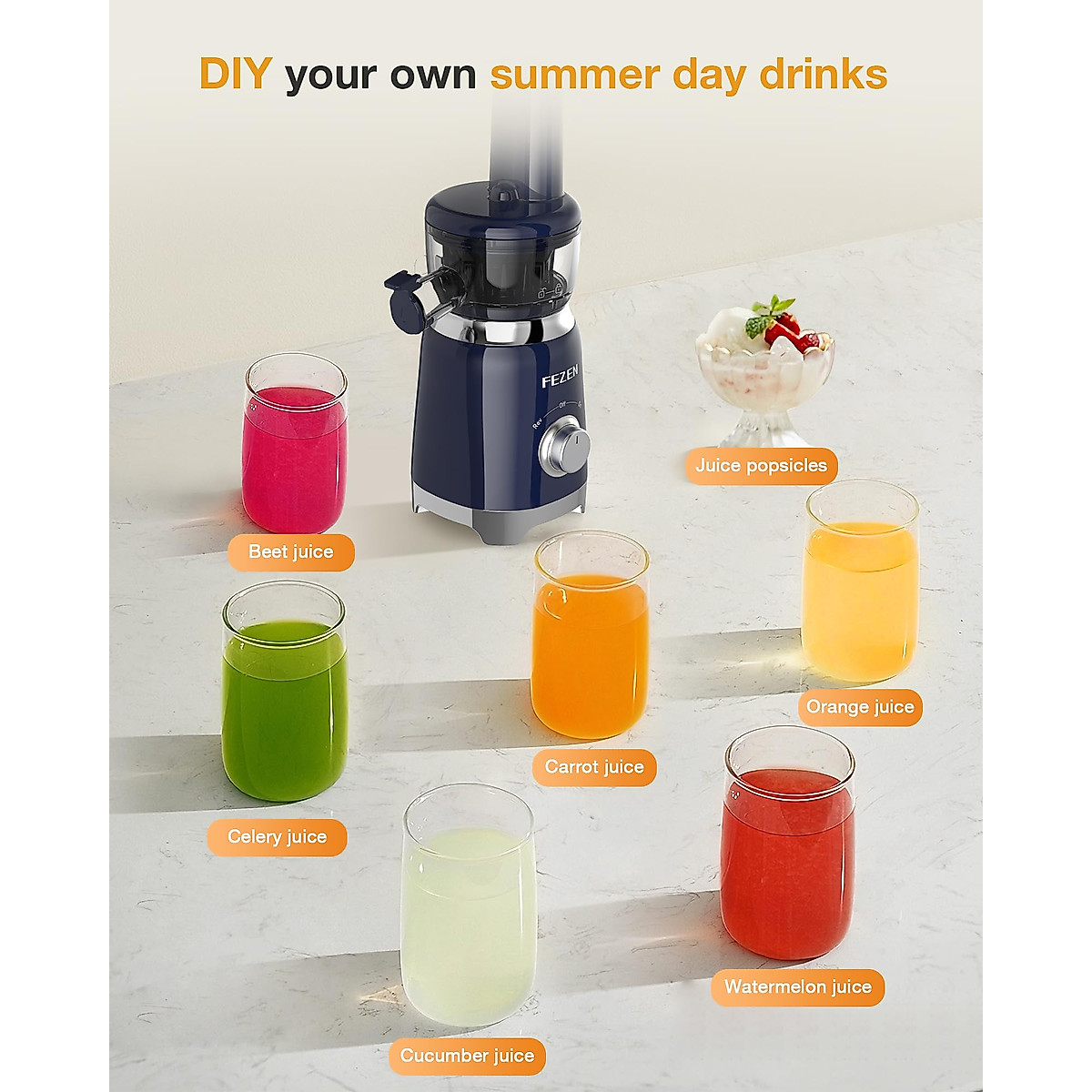 Cold Press Juicer, FEZEN Small Masticating Juicer for Fruits and Vegetables, Powerful Juice Extractor Machine with Compact Size and Space-Saving Feature, Very Easy to Clean (Updated)