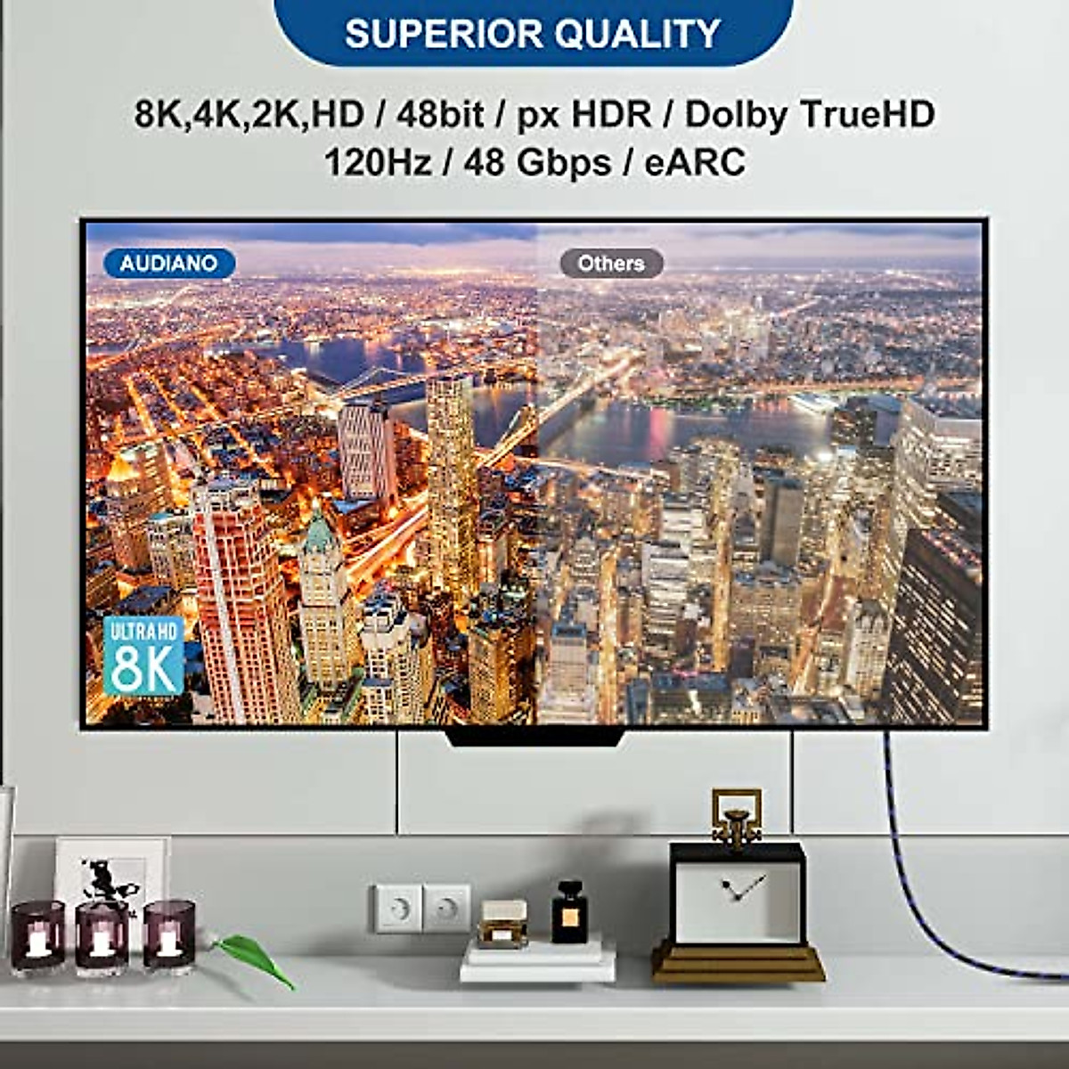 AUDIANO 8K HDMI 2.1 Cable, 48 Gbps Ultra High Speed 3D Nylon Braided Cord, Supports 8K 60Hz 4K 120Hz 144Hz, eARC Dolby Vision HDR 10, HDCP 2.2 2.3, Compatible with Roku/PS4/PS5/Blu-ray(6.6ft/2M)