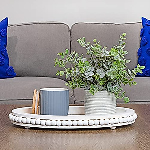 AuldHome Wood Beaded Tray (White), Decorative Farmhouse Style Oval Wooden Tray